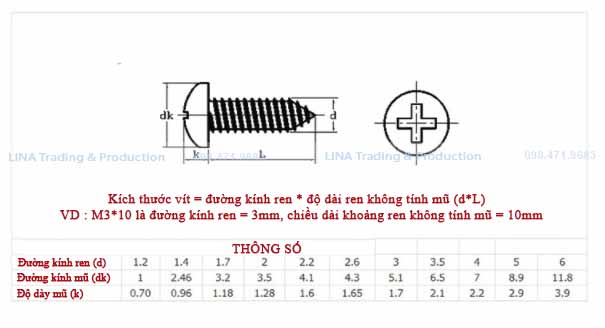 M3.5 Ốc vít đầu tròn đuôi nhọn ren thô - lỗ chữ thập Inox 304 - Bu lông ốc vít LiNa
